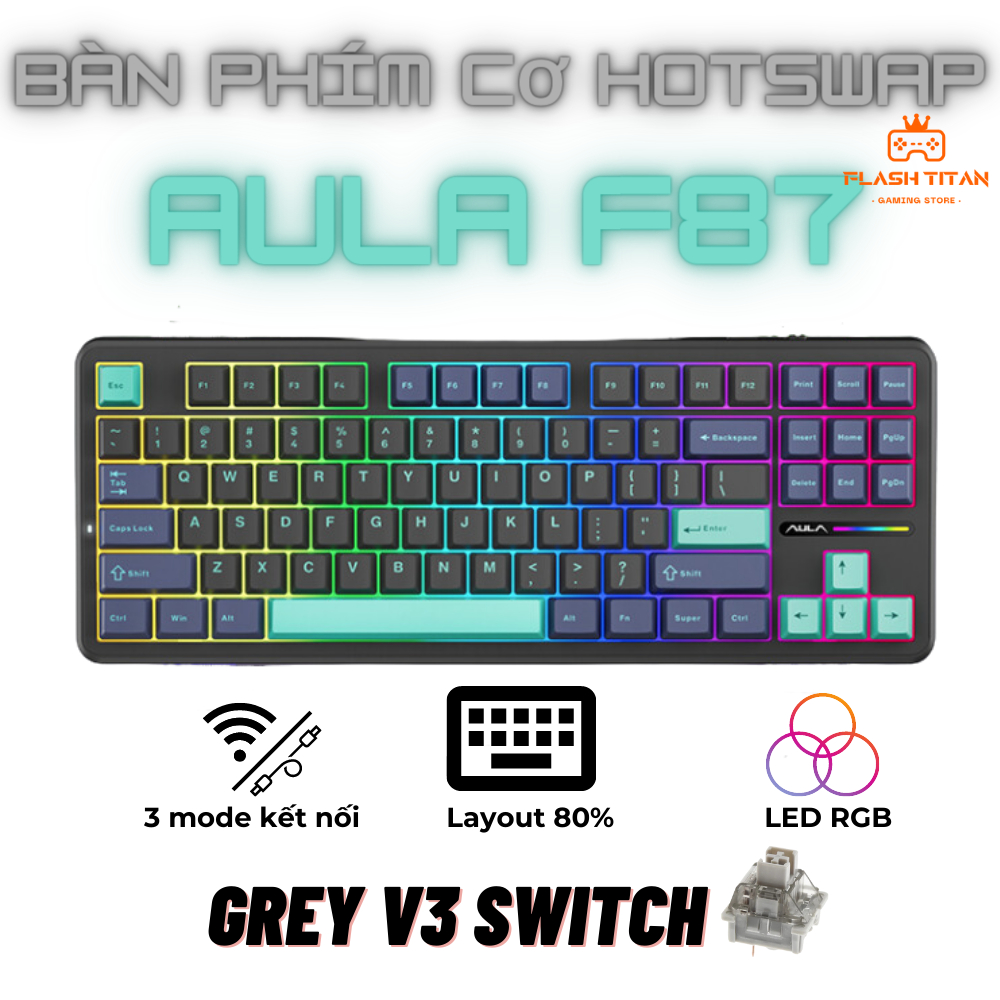 Bàn phím cơ không dây AULA F87 - Hỗ trợ hotswap - LED RGB nhiều chế độ - 3 mode kết nối tiện lợi ...