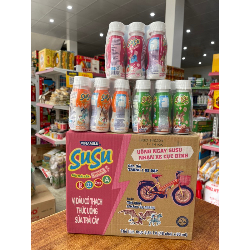 Thùng sữa trái cây có thạch Susu vị dâu , cam , socola (48 chai x80ml ...