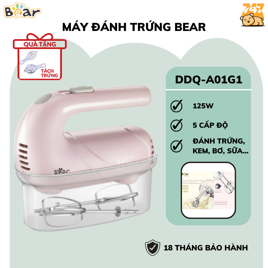 Máy đánh trứng mini cầm tay Bear DDQ-A01G1, 125W, khấy bông, kem tích hợp 5 chế độ xoay, BH 18 ...