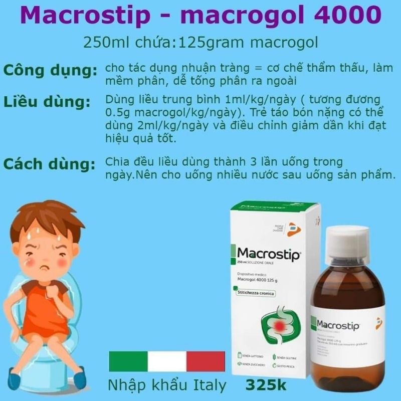 Macrostip nhuận tràng hỗ trợ táo bón an toàn cho trẻ em trên 6 tháng tuổi, người lớn và phụ nữ ...