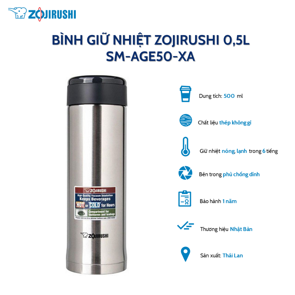 Bình giữ nhiệt Zojirushi SM-AGE50-XA 0,5L (Inox), bảo hành giữ nhiệt 1 năm chính hãng | Shopee ...
