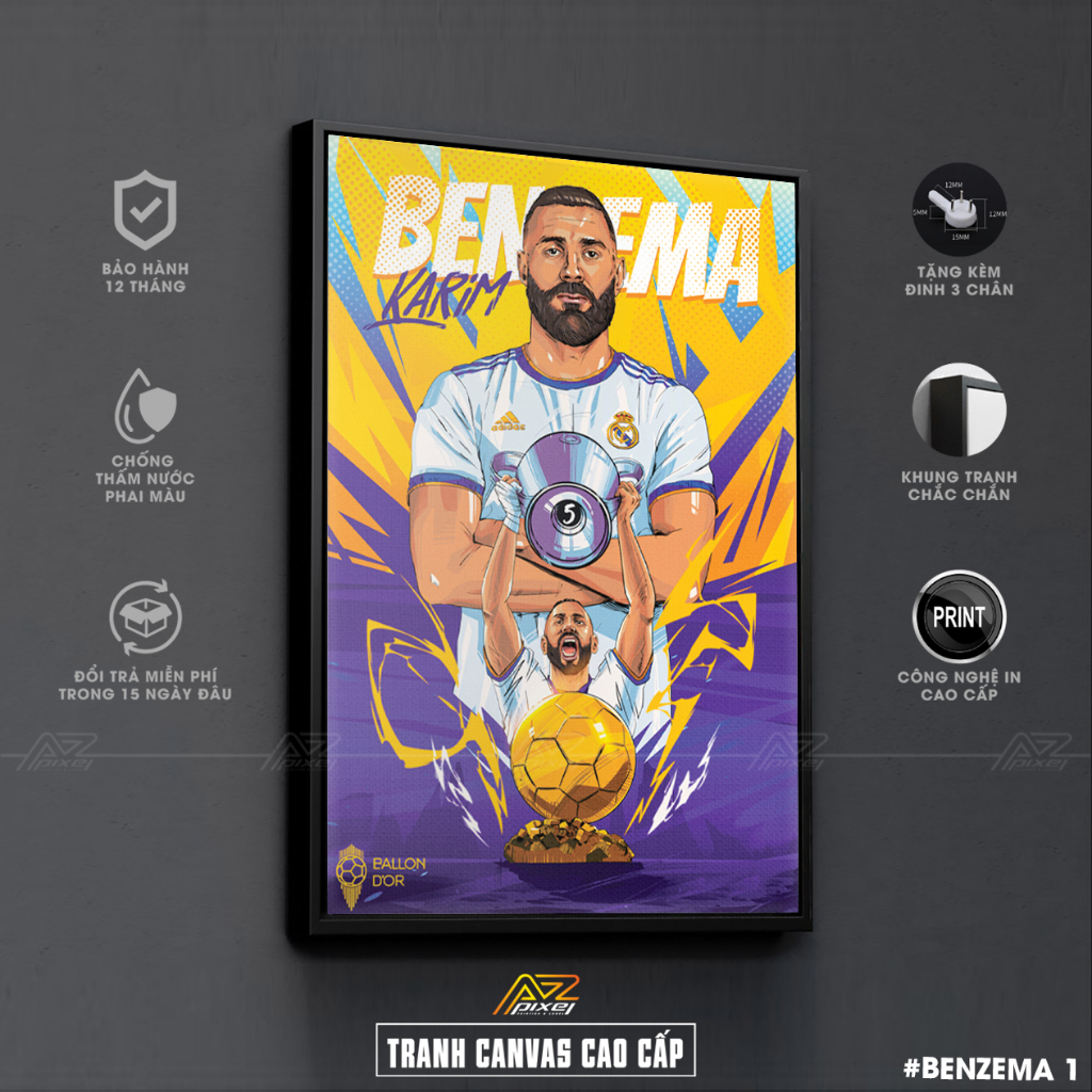 Tranh Benzema chất liệu canvas cỡ nhỏ khung đen kèm đinh gắn tường 3 ...