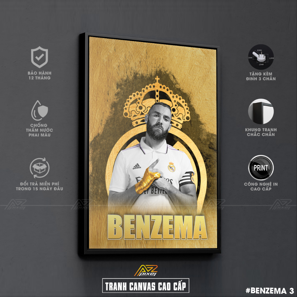 Tranh Benzema chất liệu canvas cỡ nhỏ khung đen kèm đinh gắn tường 3 ...