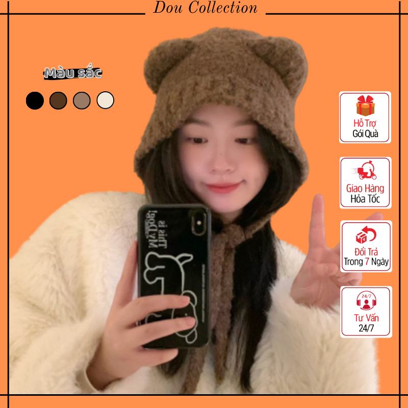 Mũ len unisex nam nữ, Nón len đan chất dày dặn họa tiết trơn có dây cột ...