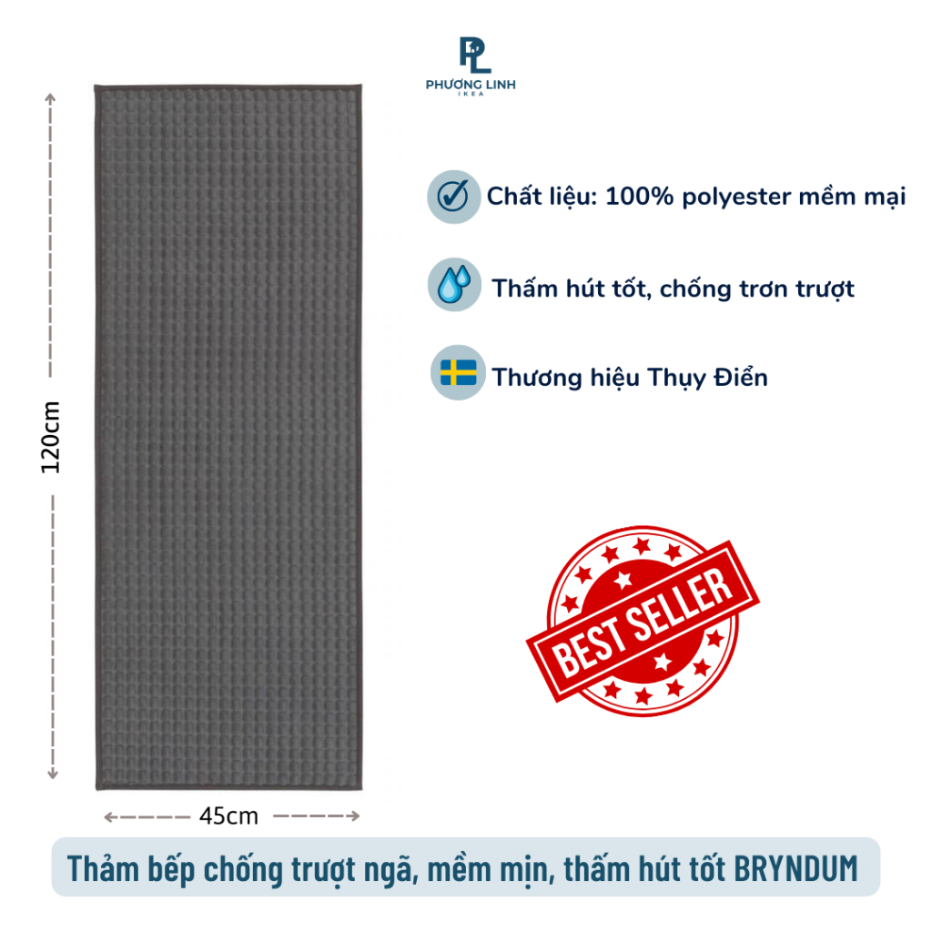 Thảm bếp chống trượt ngã, bề mặt mềm mịn, thấm hút tốt BRYNDUM (kích ...
