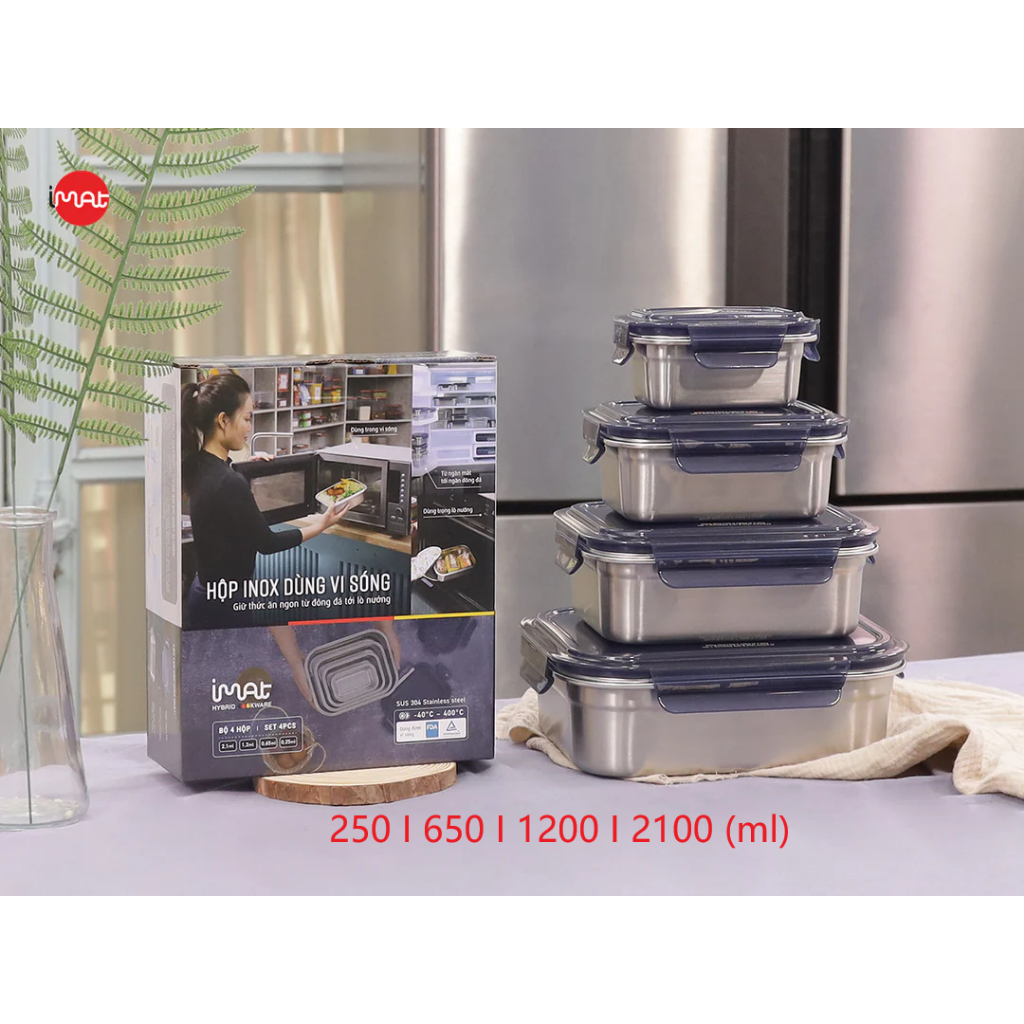 [Chính hãng iMat] Bộ 4 hộp đựng thực phẩm iMat inox 304, dùng được vi ...