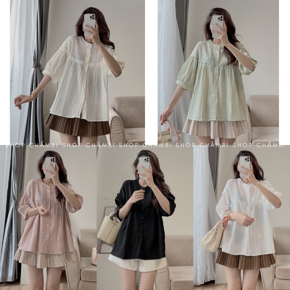 Áo sơ mi nữ A.503, Áo babydoll cổ tròn cộc tay đũi gân đơn giản dễ thương - Shop Chấm Bi ...