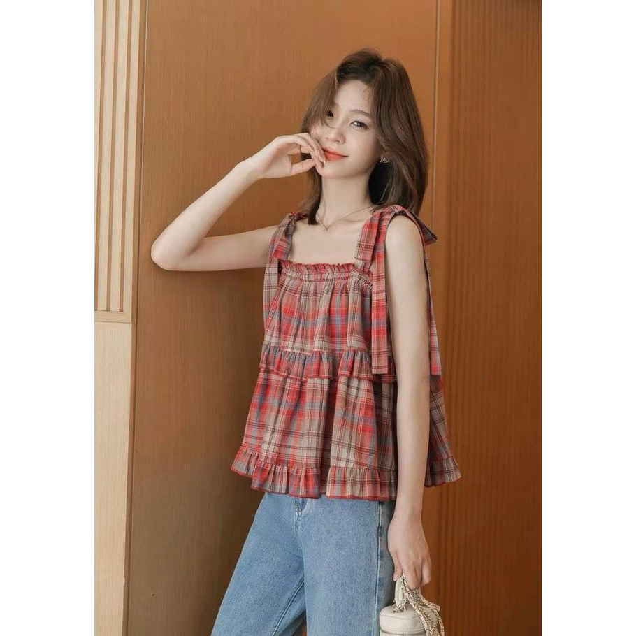 Áo hai dây kẻ đỏ nhún ngưc A872 Fredy | Shopee Việt Nam