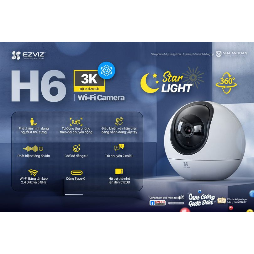 Camera wifi AI thông minh Ezviz H6 C6C 5MP 3K 4K siêu nét, xoay 360 Độ, Đàm thoại (chính hãng ...
