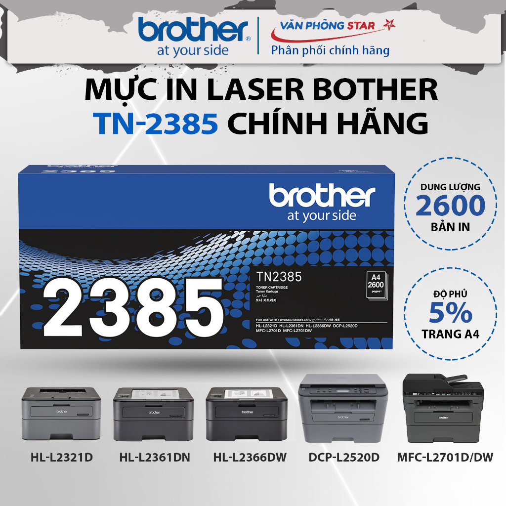Mực in laser trắng đen Brother TN2385 chính hãng (dành cho Brother DCP-L2520D/HL-L2366DW/L2321D ...
