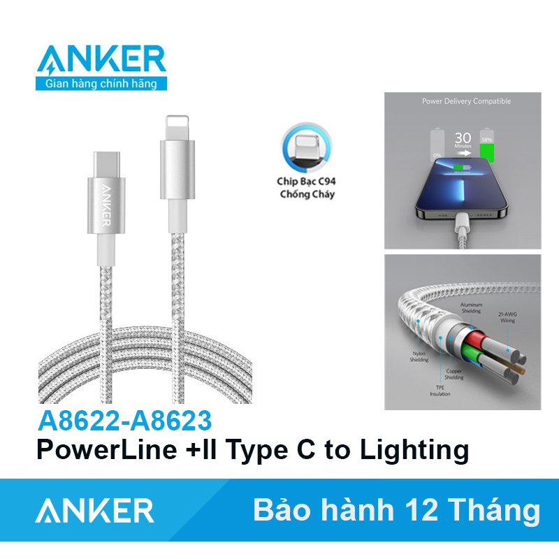 Dây sạc nhanh 20W ANKER bọc dù PowerLine + II Type C to Lighting ...