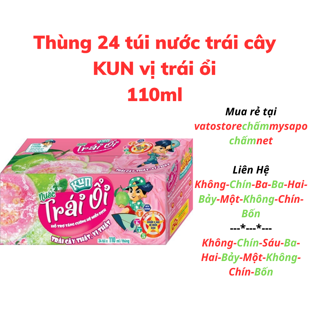 Thùng 24 túi nước trái cây trái ổi KUN 110ml / Combo 6 túi nước trái ...