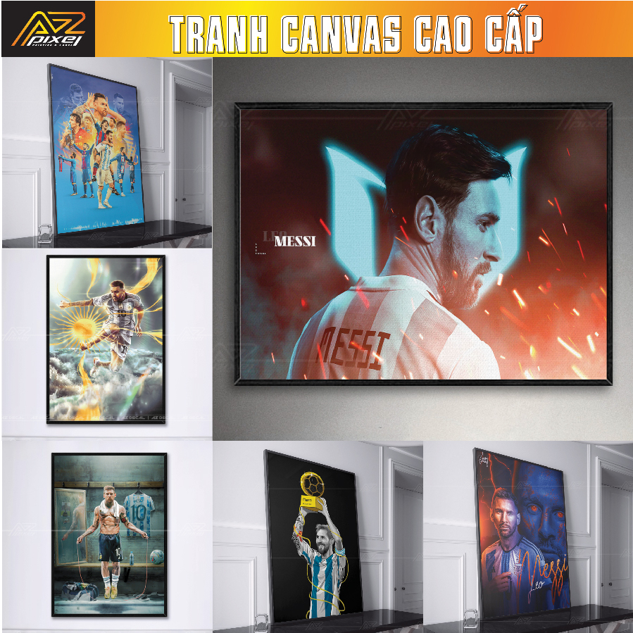 Tranh Messi chất liệu Canvas cỡ nhỏ khung đen kèm đinh 3 chân gắn tường ...