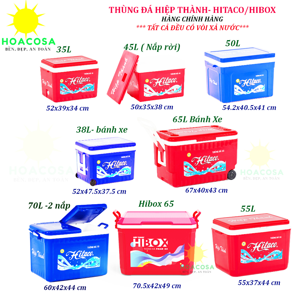 Thùng Đá Nhựa 35L,38L ,45L, 50L, 55L, 65L, 70L- Hitaco, Nhựa Hiệp Thành, Có Vòi Xả, Giữ Đá Lâu ...