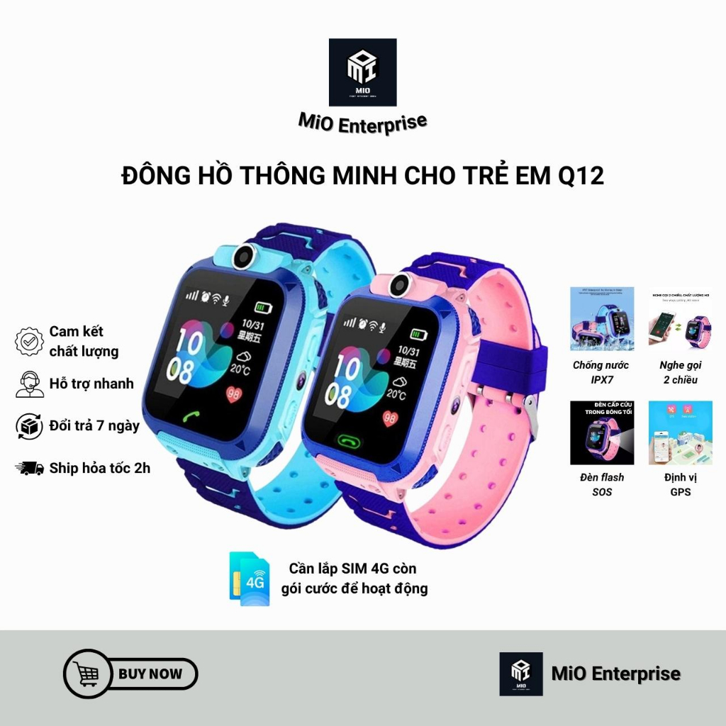 ĐỒNG HỒ THÔNG MINH Q12 cho trẻ em - Lắp sim 3G/4G nghe gọi, chụp ảnh, định vị GPS, theo dõi, đèn ...