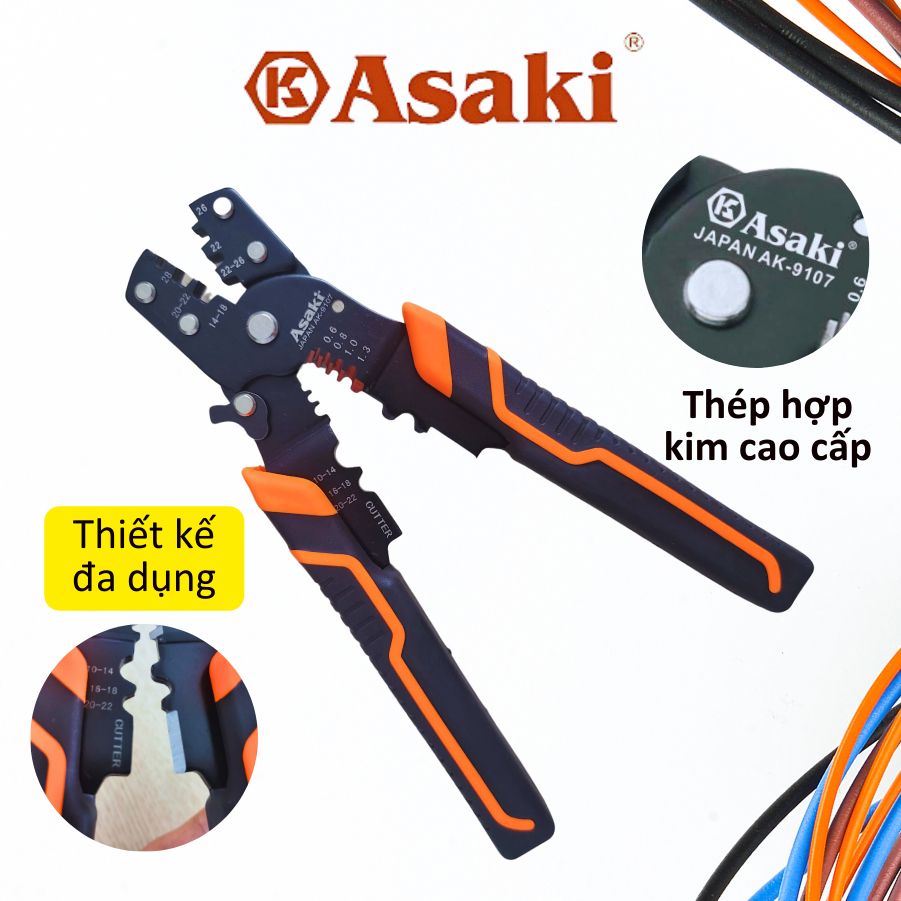 Kìm Bấm cos và Tuốt Dây Điện Đa Năng 8,5"/212mm Asaki AK-9107-9100-9101-9102-9103-9104-9106-0339 ...