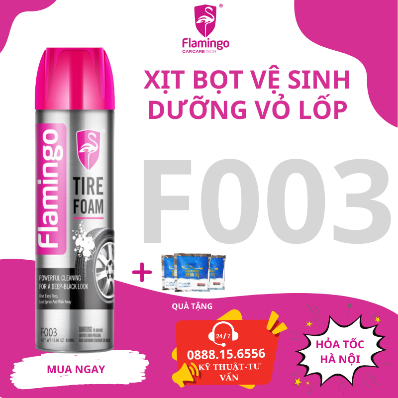 Xịt bọt vệ sinh dưỡng vỏ lốp ô tô 3in1 Flamingo F003 500ml giúp lốp đen bóng và sáng, chống rạn ...