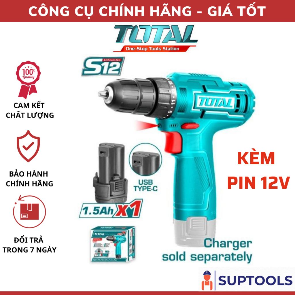 Máy khoan dùng pin 12V TOTAL TDLI12428 Kèm 1 pin 1.5Ah có cổng sạc USB ...
