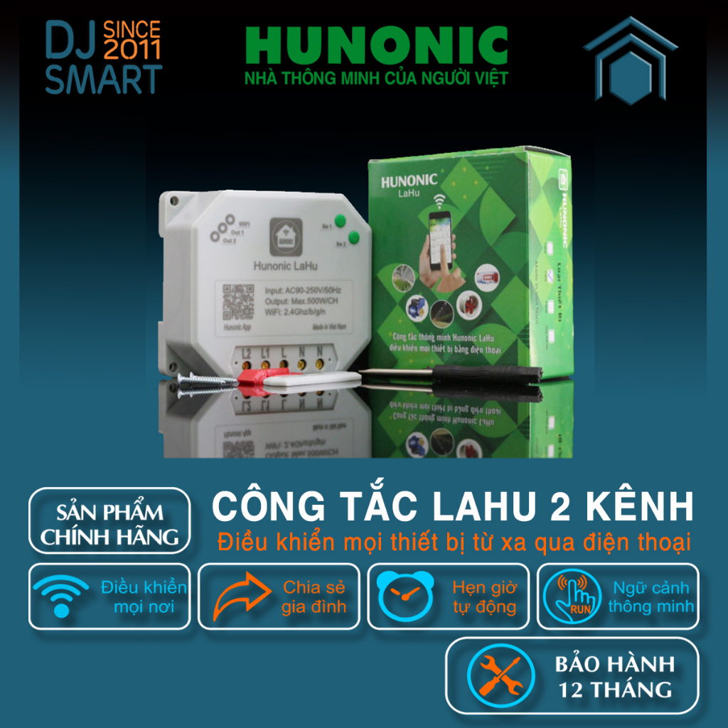 Công tắc thông minh Hunonic Lahu 2 kênh ( 500W/kênh ), điều khiển mọi ...