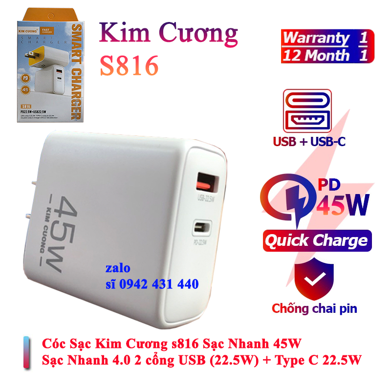 Cóc sạc nhanh Kim Cương S816 45W, hỗ trợ 2 cổng sạc ( USB 22.5W và Type C 22.5W), củ sạc nhanh ...