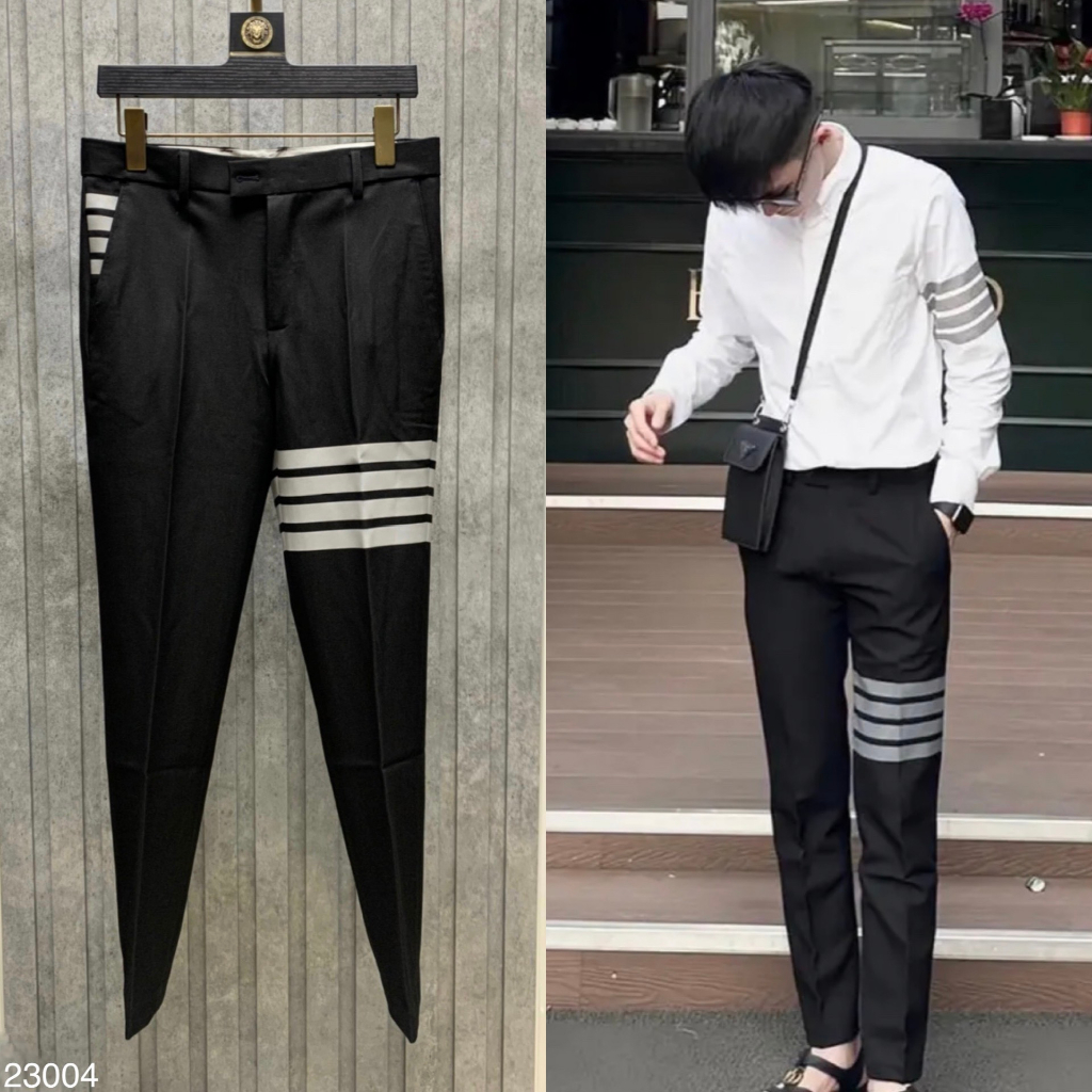 Quần tây âu nam in 4 sọc xám đùi phối thêu chữ túi sau vạch kẻ lưng eo ...