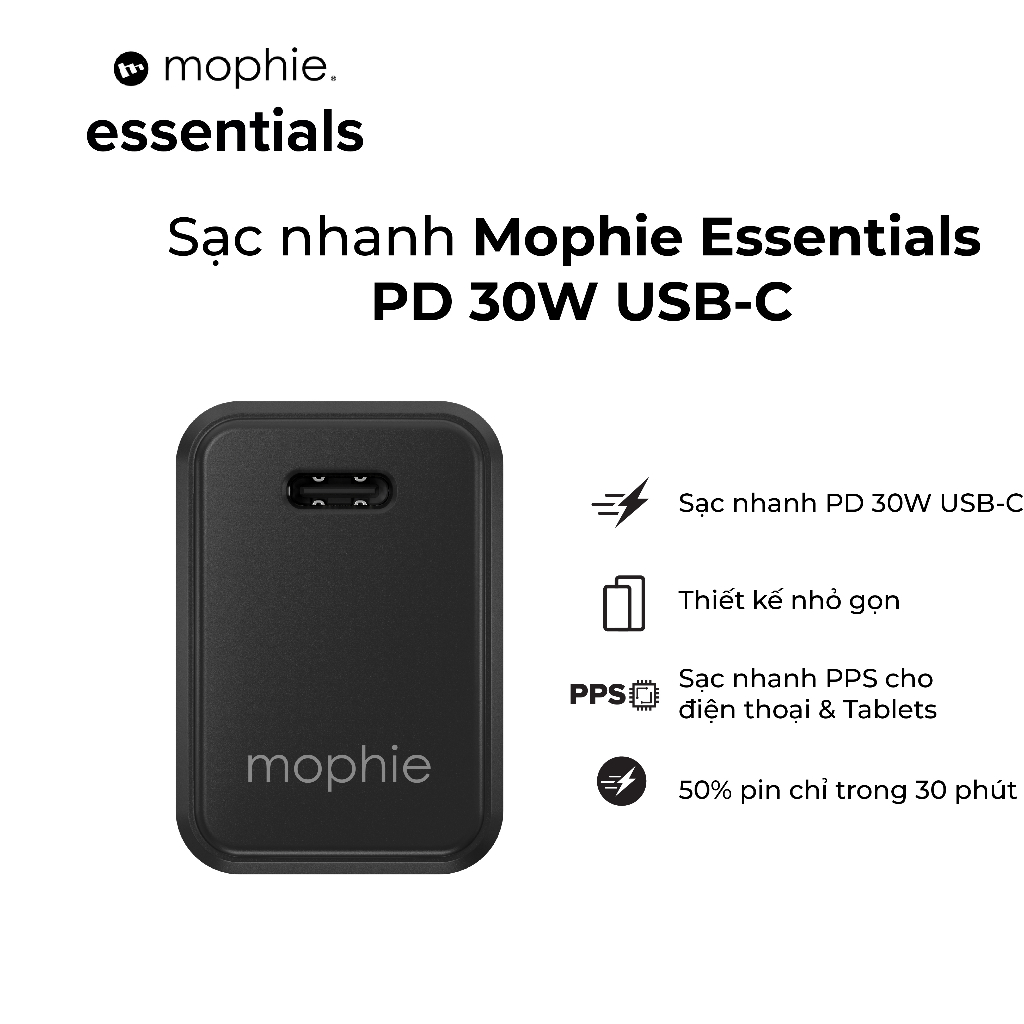 Sạc mophie GaN Essentials PD 30w/35w cổng A và C dành cho iP/nhà táo/Android - Bảo hành 2 năm ...
