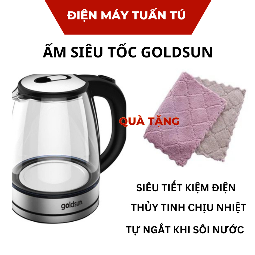 Ấm siêu tốc thủy tinh có đèn LED Goldsun GKT2601G 1.8L 1800W, bình đun ...