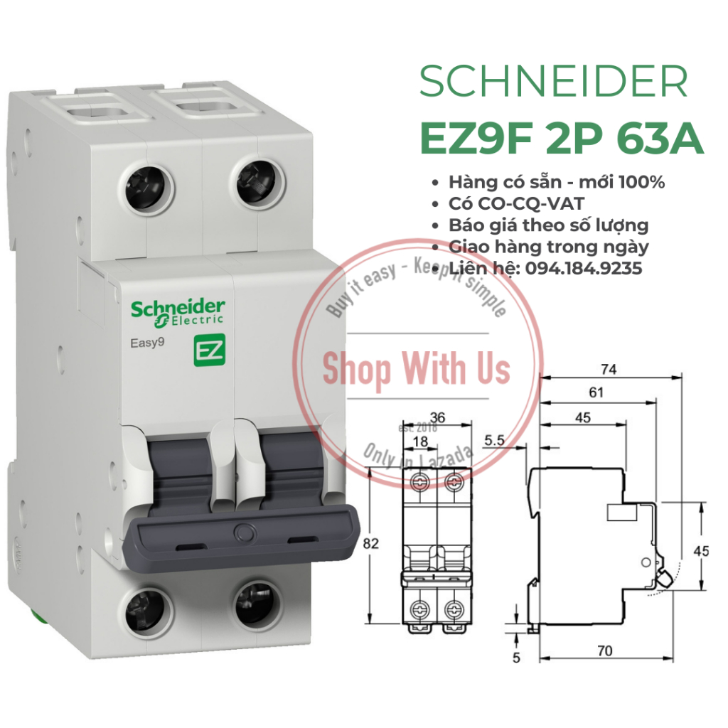 EZ9F34263 - Easy9 miniature circuit breaker- 2P - 63A - Aptomat CB Tép Schneider MCB EZ9F 2P 63A ...