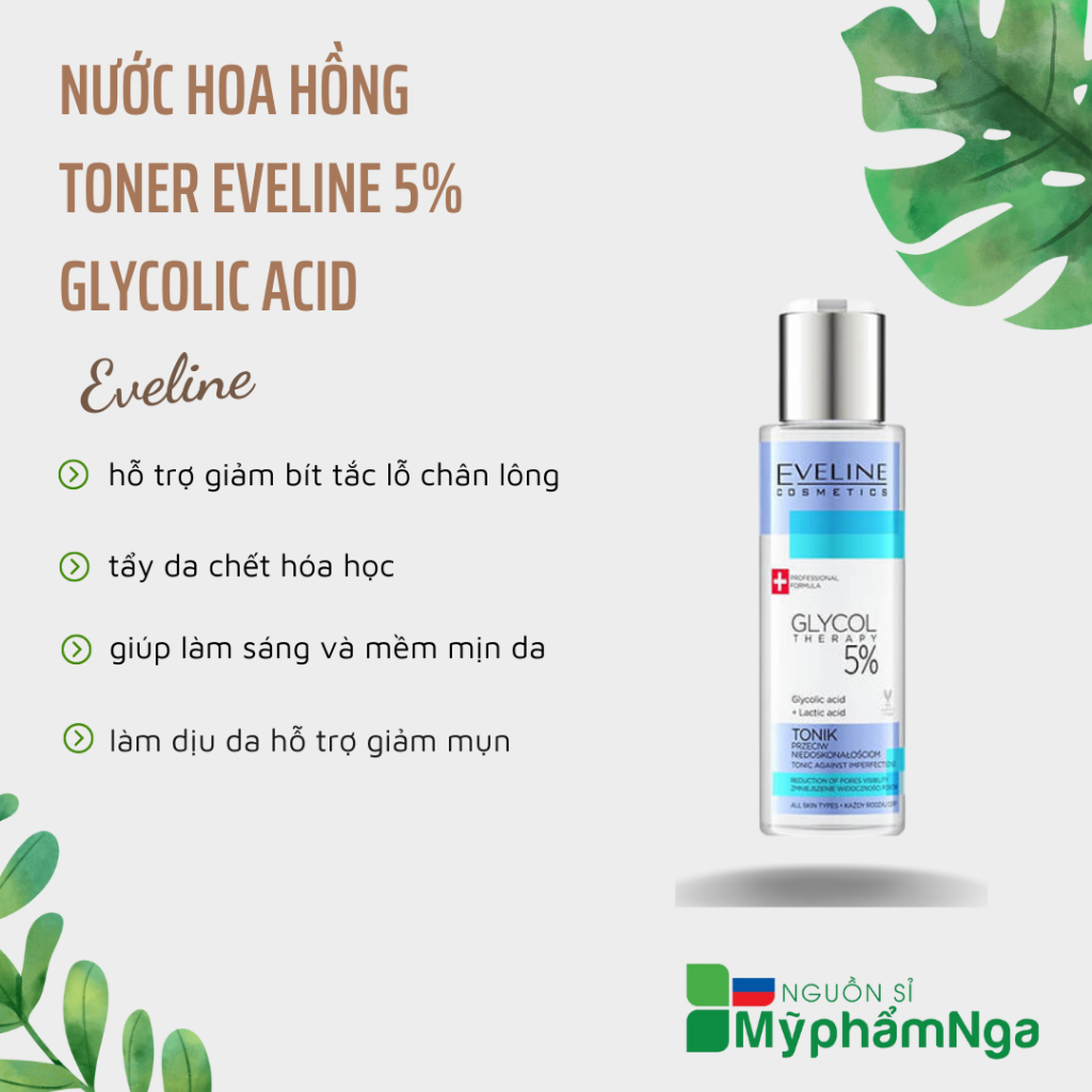Nước hoa hồng Toner Eveline 5% Glycolic Acid căng bóng, láng mướt, mờ ...