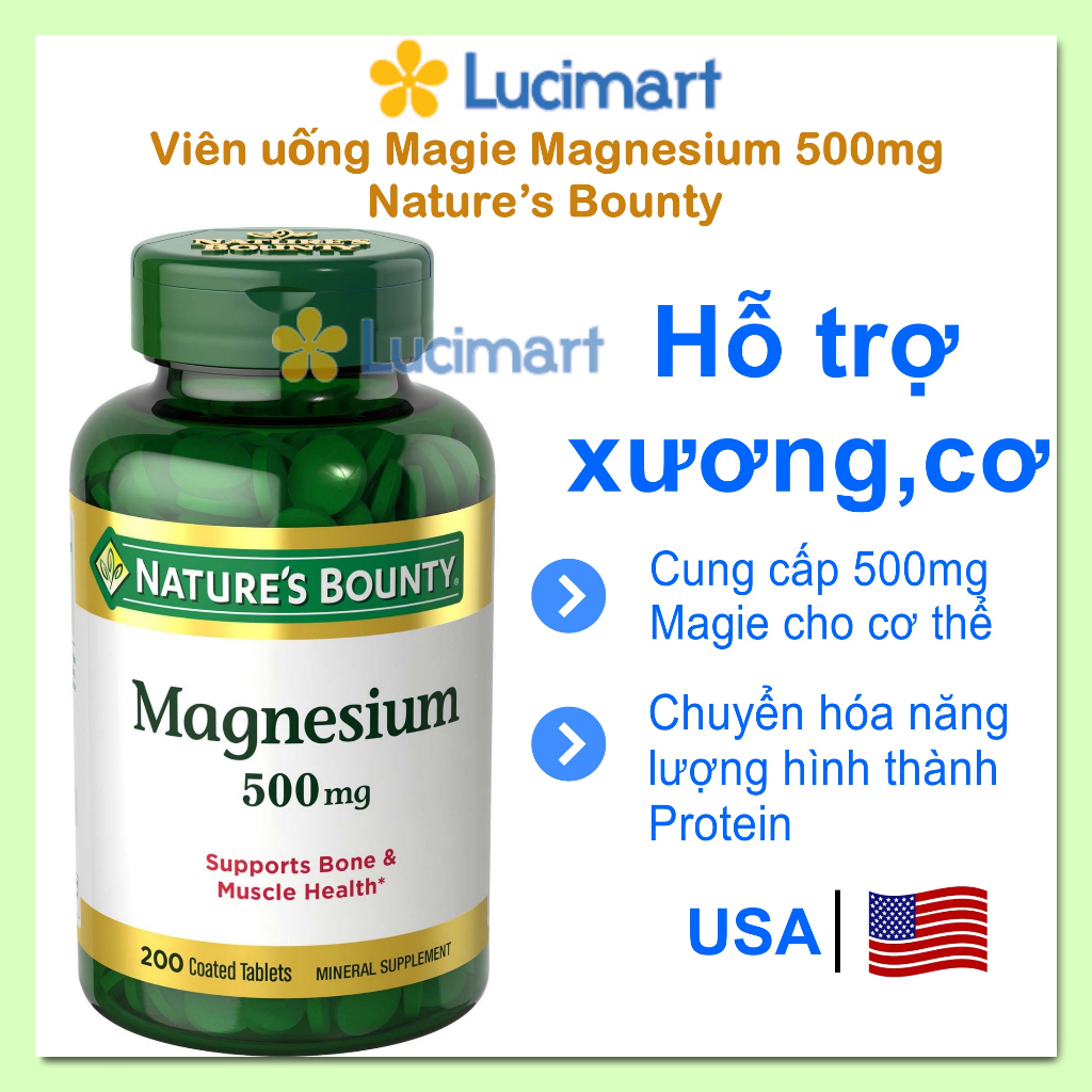 Viên uống Magie Magnesium 500mg Nature’s Bounty, hộp 200 viên [Hàng Mỹ ...