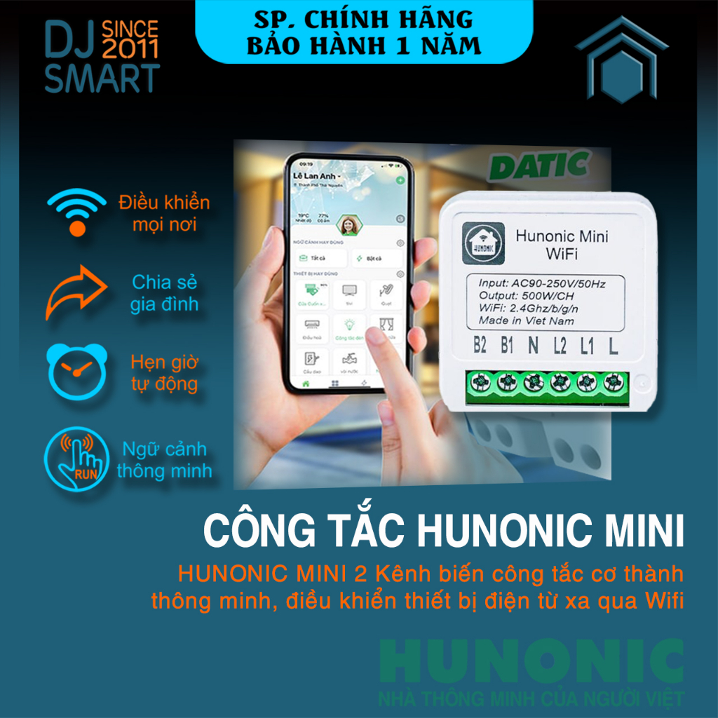 Công tắc HUNONIC MINI 2 Kênh biến công tắc cơ thành CT thông minh điều ...