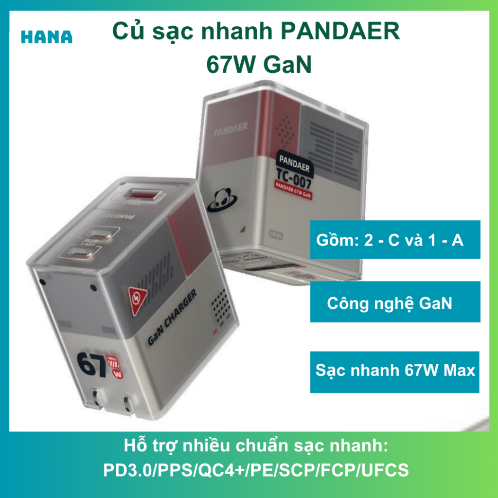 Củ sạc nhanh PANDAER TC 007 - GaN 67W PD/PPS/SCP/UFSC gồm ba cổng hỗ trợ sạc điện thoại di động ...