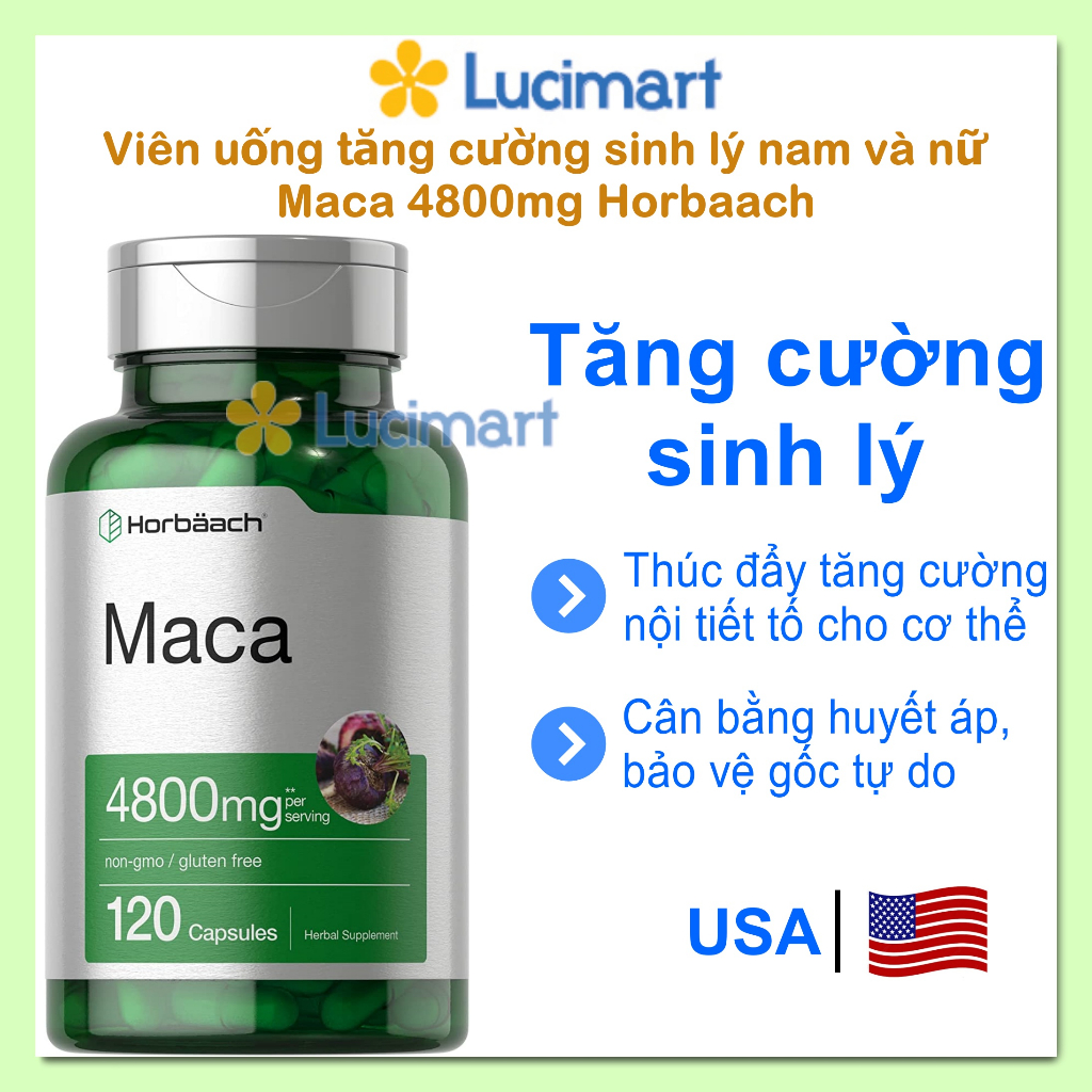 Viên uống tăng cường sinh lý nam và nữ Maca 4800mg Horbaach hũ 120 viên ...