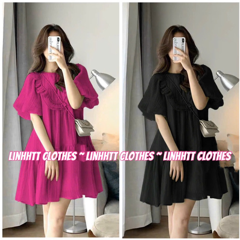 ĐŨI MÁT | Váy babydoll tay phồng phối bèo đuôi cá dáng ngắn đầm 2 lớp freesize đũi mát | Shopee ...