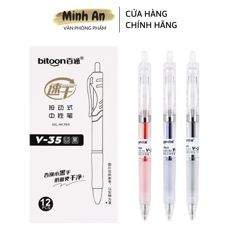Bút gel Bitoon V35 bấm ngòi 0.5mm, Bút bi nước văn phòng trong suốt ...