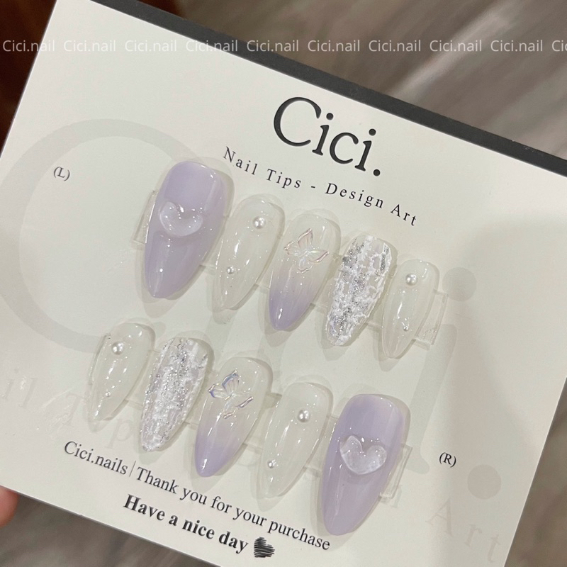 Nailbox Móng Giả Thiết Kế Tím Pastel C251 Mix Kẻ Dạ Charm Tim Nổi Cici ...