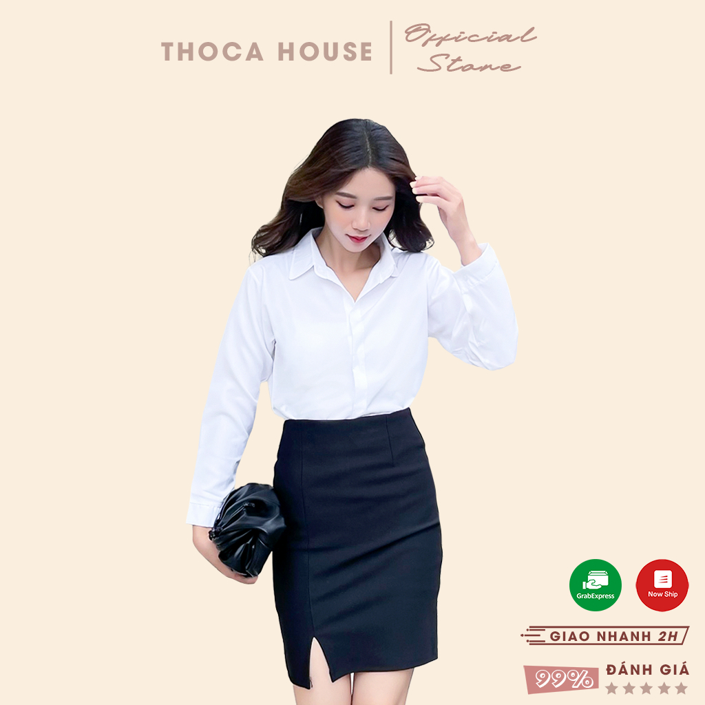 Áo sơ mi trắng công sở vải lụa chéo kiểu giấu nút THOCA HOUSE đủ size, mặc đi làm đi học ...