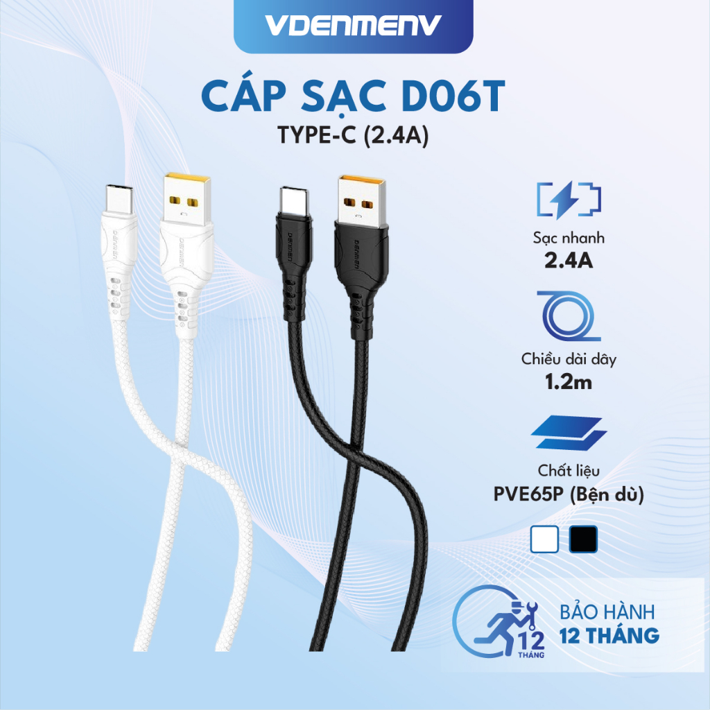 Dây Cáp Sạc Type-C VDENMENV D06T (2.4A) Giúp Sạc Nhanh, Chuyển Dữ Liệu, Chất Liệu Bện Dù ...