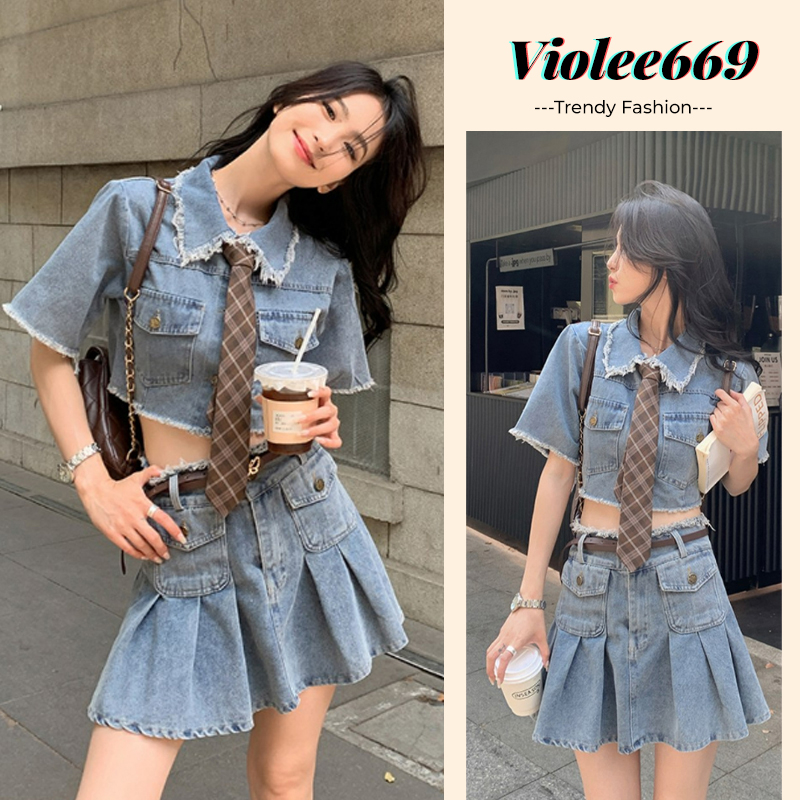 Set bộ denim jeans áo croptop có cổ tay cộc kèm chân váy ngắn xếp ly ...