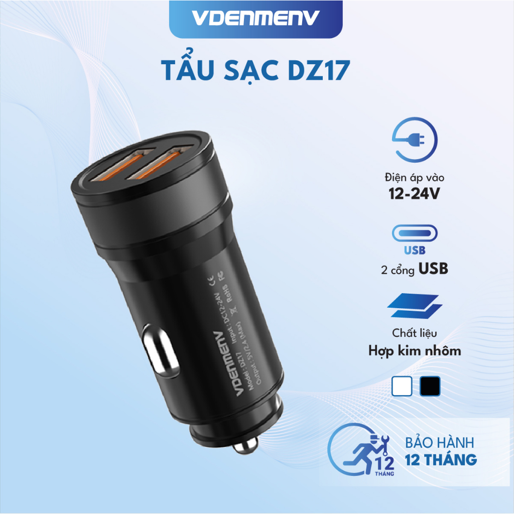 Tẩu Sạc Nhanh VDENMENV DZ17 (2.4A) Với 2 Đầu Sạc USB, Vỏ Ngoài Bằng Hộp Kim Nhôm, Bo Mạch An ...