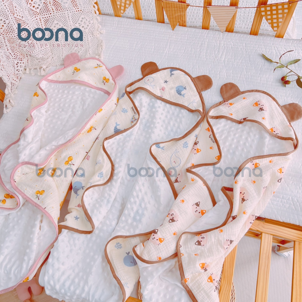 Chăn ủ xô hạt đậu BOONA có mũ vải muslin cao cấp kết hợp vải nhung bi siêu mềm mại ấp áp cho bé ...