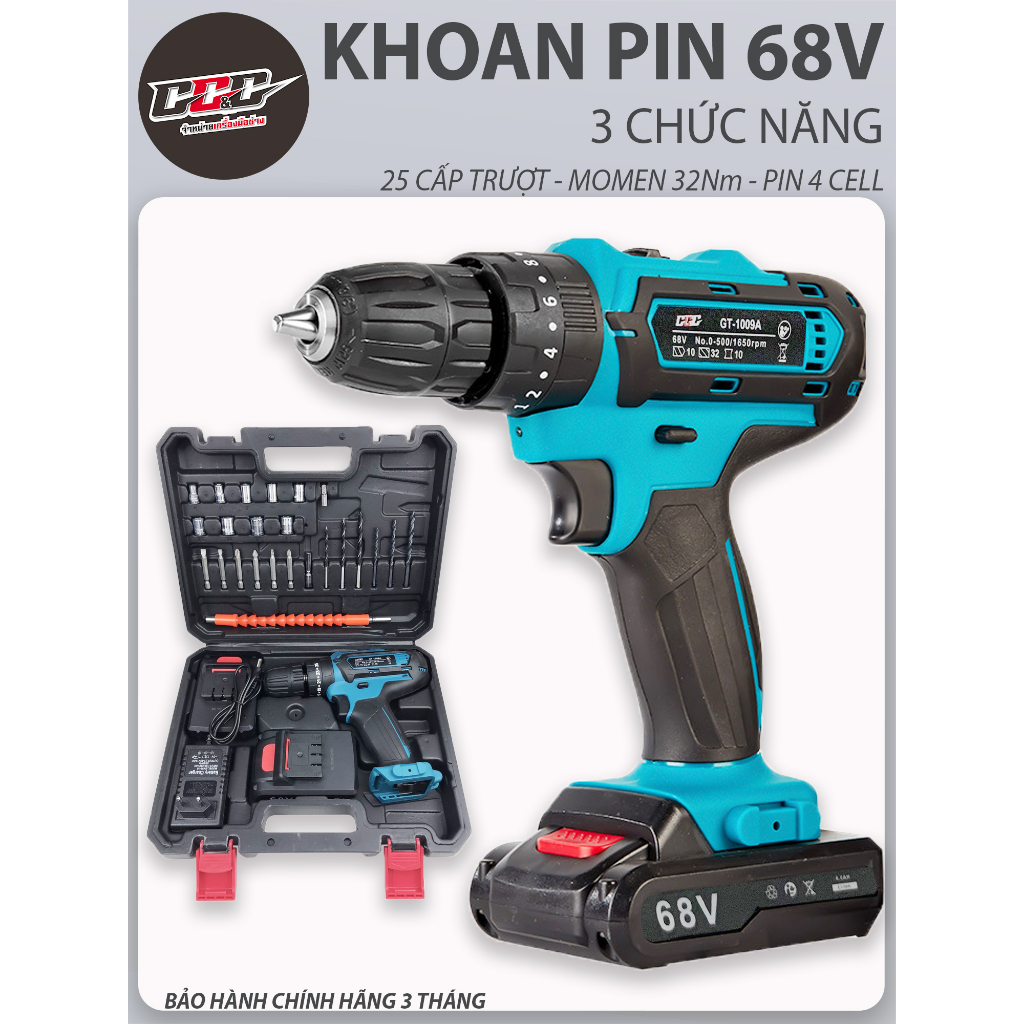 Máy khoan pin 68v công suất khỏe - Trang bị 3 chế độ: khoan, khoan búa, búa - 25 cấp trượt - đèn ...