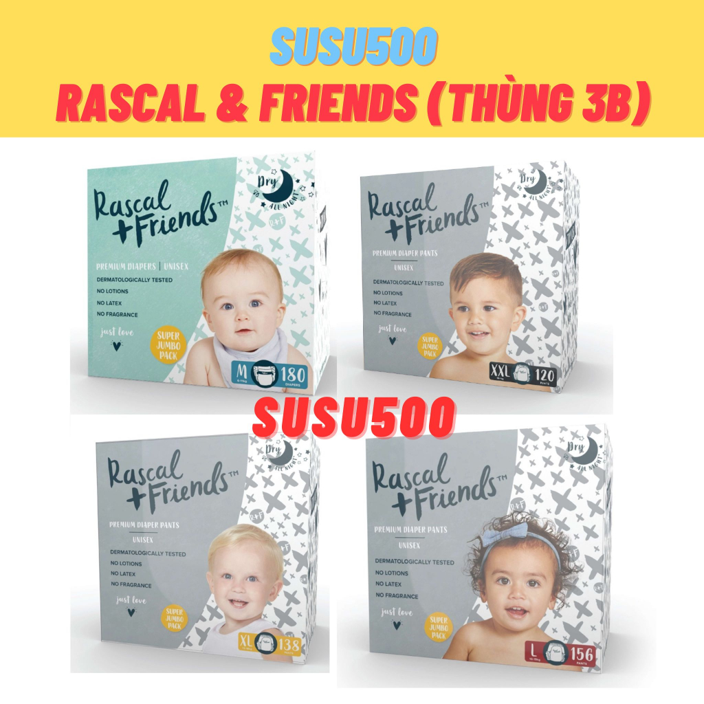 [THÙNG 3 bịch] Tã/bỉm dán/quần Rascal + Friends size M174/L156/XL138 ...