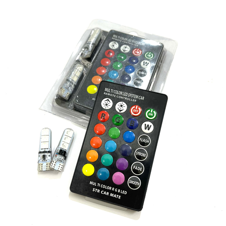 Bộ 2 đèn LED T10 Xi nhan demi điều khiển nhiều màu 6 SMD RGB T10 5050 siêu sáng bọc silicon cho ...