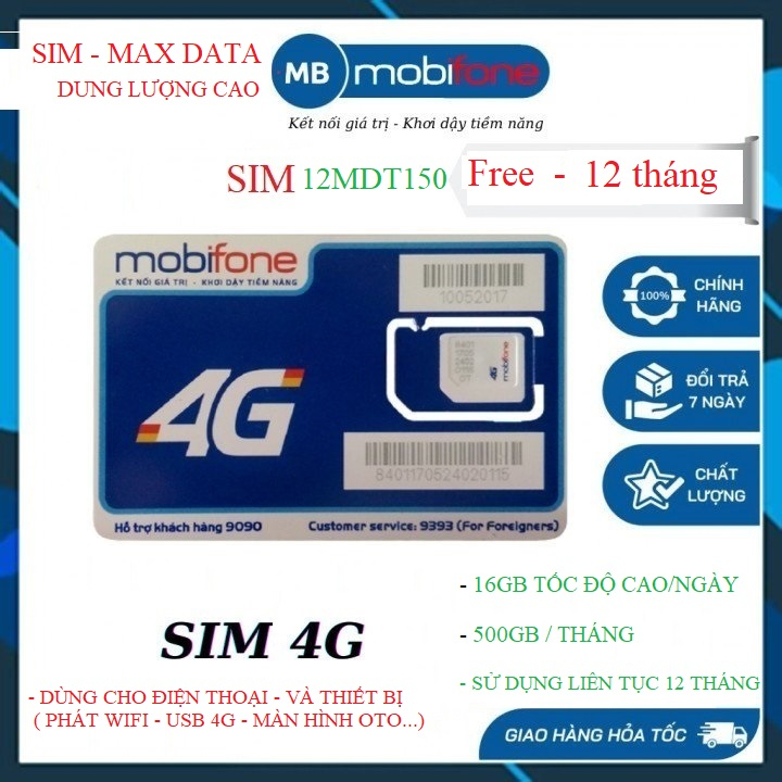 Sim 4g Mobifone 12MDT150 - 16GB/ ngày - 500GB/Tháng ( tốc độ cao ) Sủ ...