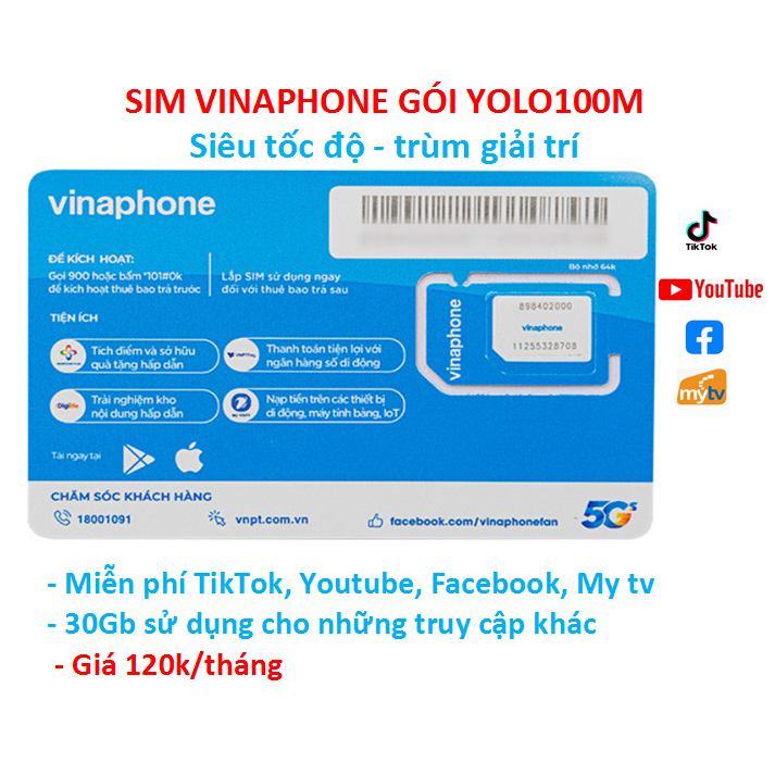 Sim 4G Vinaphone nghe gọi, dùng mãi gói cước Mạng Xã Hội YOLO100M không giới hạn data, Hàng ...