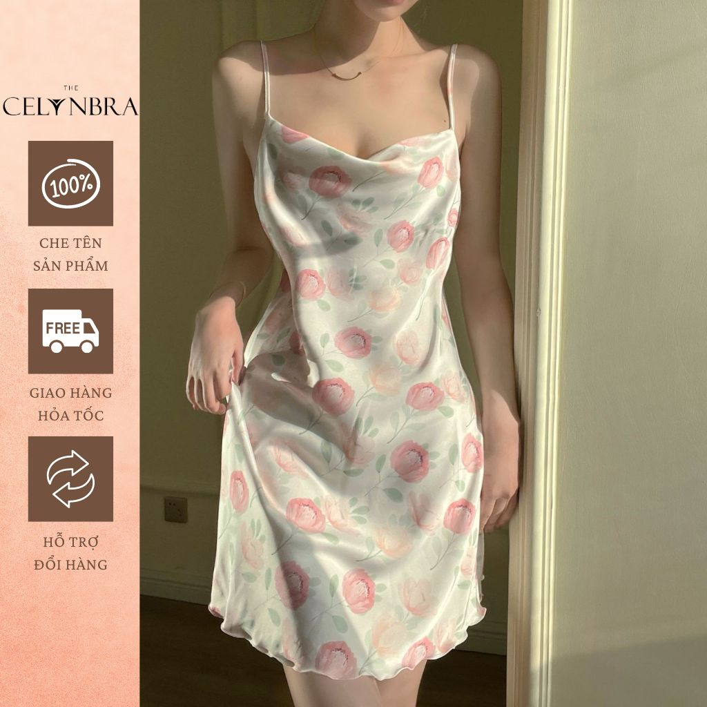 Váy ngủ lụa 2 dây sexy quyến rũ họa tiết hoa 3D THE CELYNBRA - V104 | Shopee Việt Nam