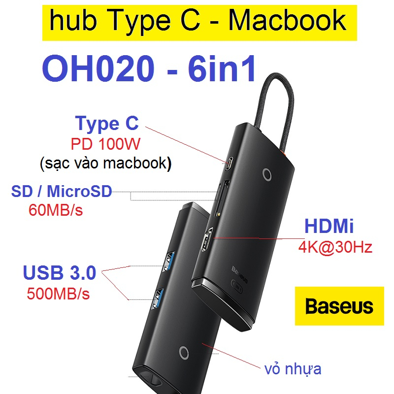 Hub Type C Baseus 6in1 4K@30Hz hub chuyển đổi dùng cho Macbook/Laptop ...