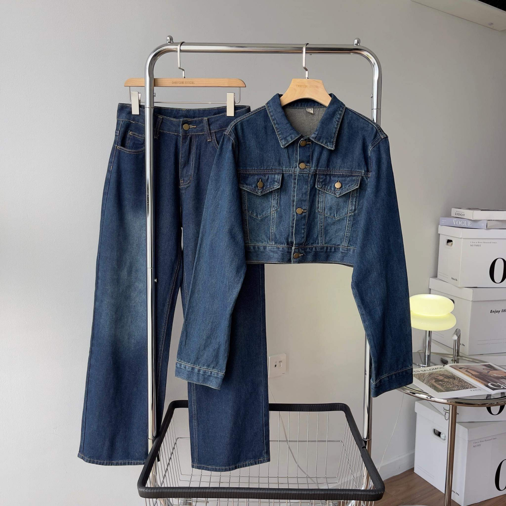 SET JEAN CROPTOP XANH ĐẬM- CHUOTCONG S2022X | Shopee Việt Nam