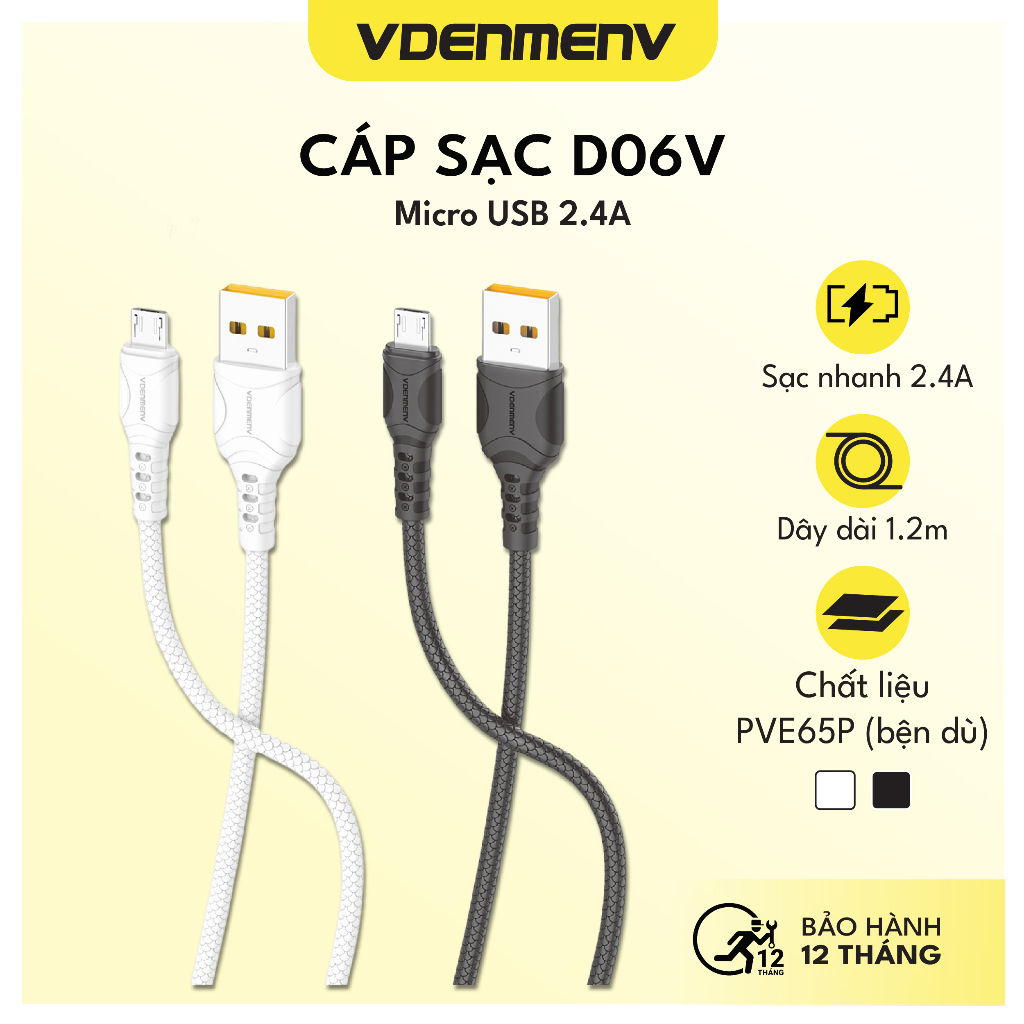 Dây Cáp Sạc Micro VDENMENV D06V (2.4A) Giúp Sạc Nhanh, Chuyển Dữ Liệu, Chất Liệu Bện Dù | Shopee ...